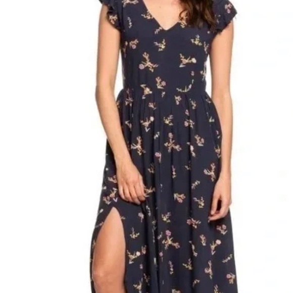 Roxy | Dresses | Roxy Navy Blue Rush Minute Short Ruffle Sleeves Midi ...
